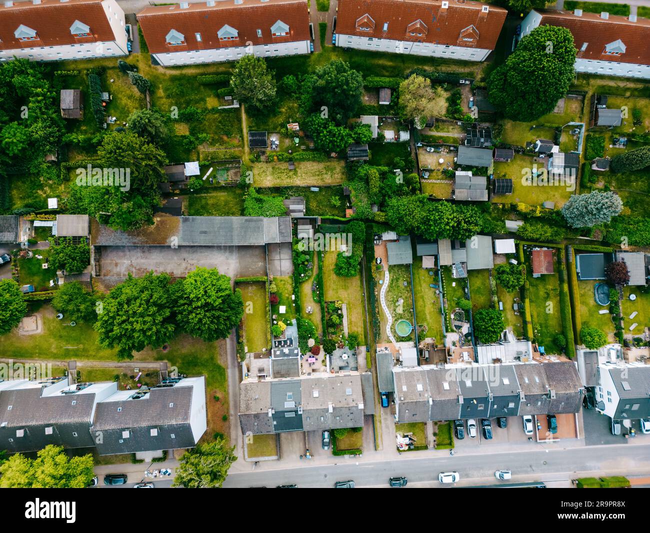 Scenic landscape from above aerial view of houses in small town in ...