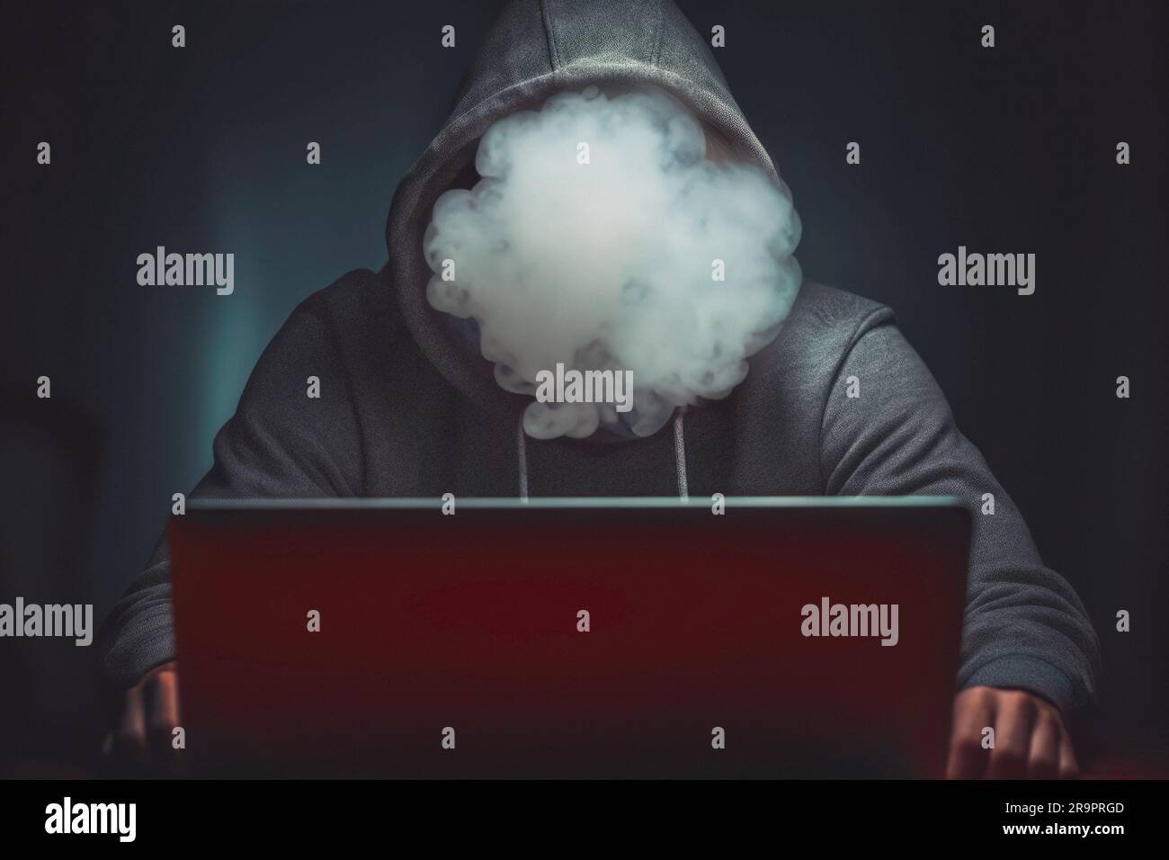 Face covered with smoke. Anonymous man using computer to break security ...