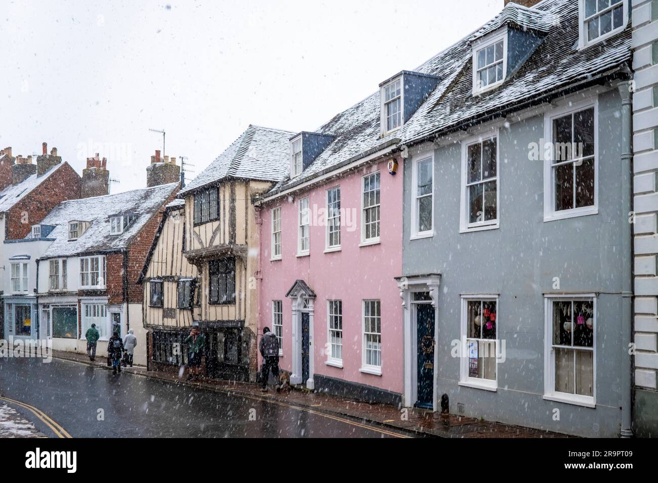 Colourful Houses In Lewes High Street During A Snow Shower, Lewes, East ...