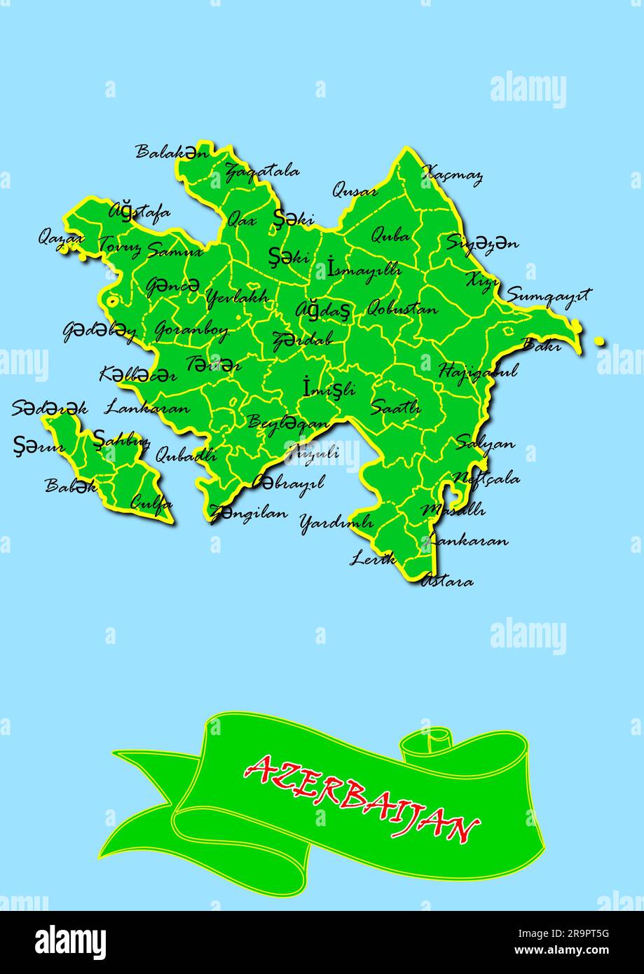 Map of Azerbaijan with Subregions in Green Country Name in Red Stock ...