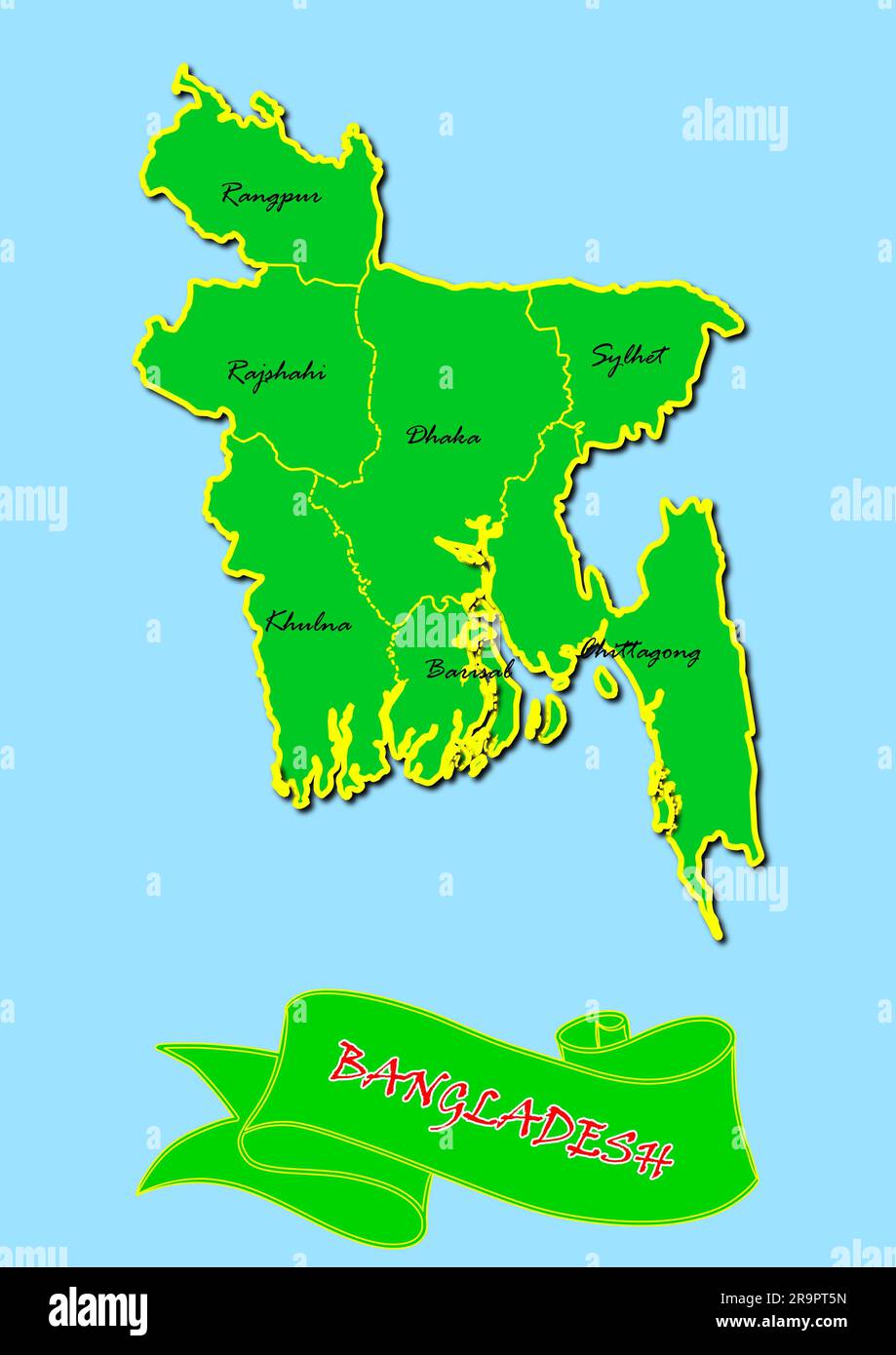 Map of Bangladesh with Subregions in Green Country Name in Red Stock ...
