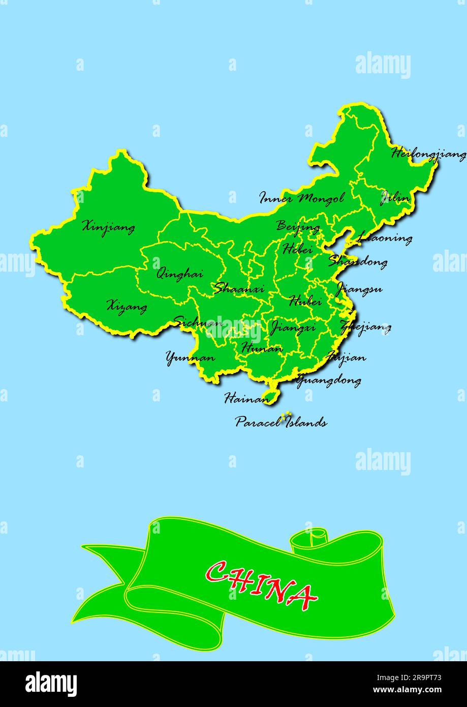 Map of China with Subregions in Green Country Name in Red Stock Photo ...