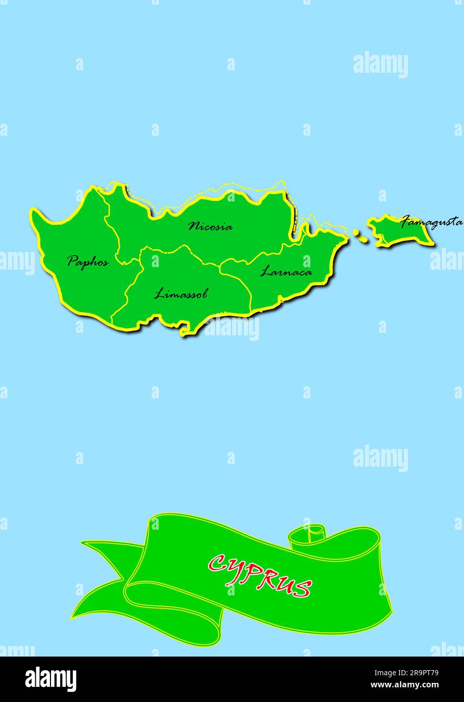 Map of Cyprus with Subregions in Green Country Name in Red Stock Photo ...