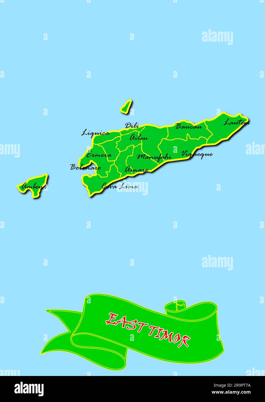 Map of East Timor with Subregions in Green Country Name in Red Stock ...