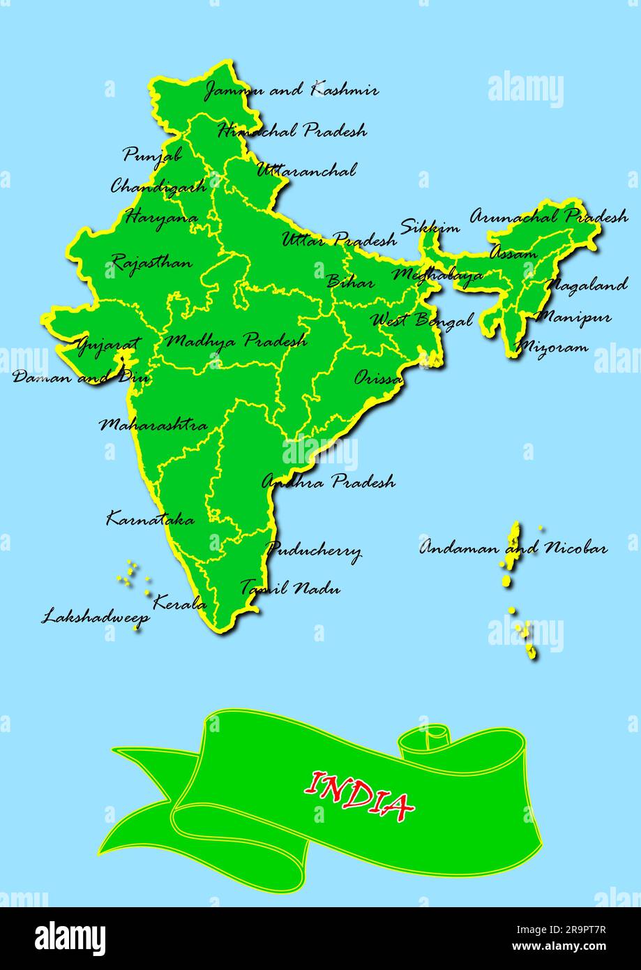 Map of India with Subregions in Green Country Name in Red Stock Photo ...