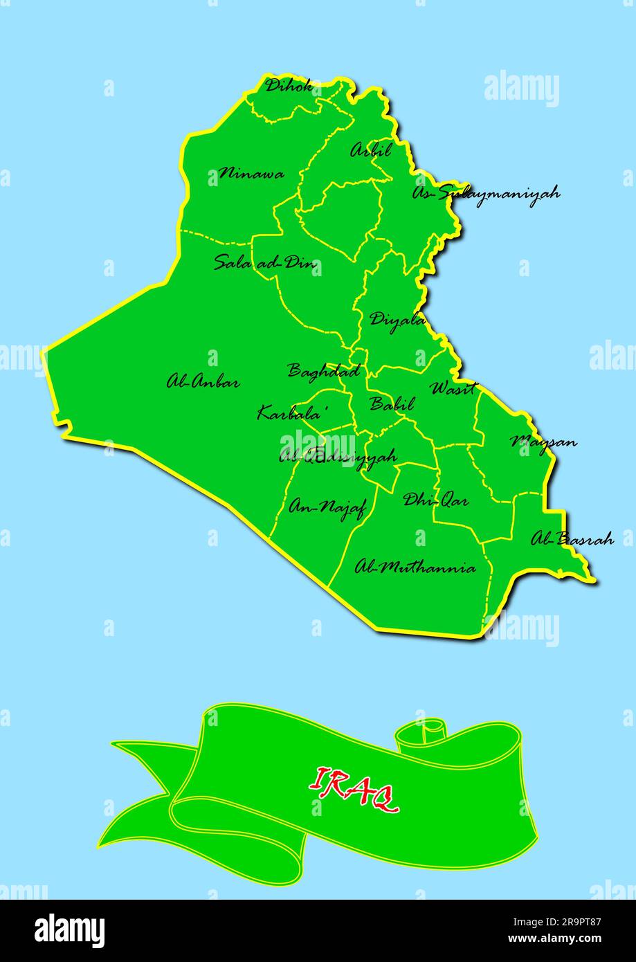 Map of Iraq with Subregions in Green Country Name in Red Stock Photo ...