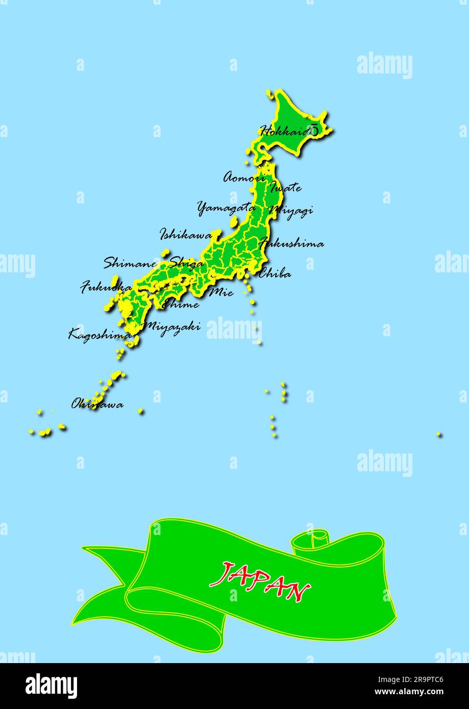 Map of Japan with Subregions in Green Country Name in Red Stock Photo ...