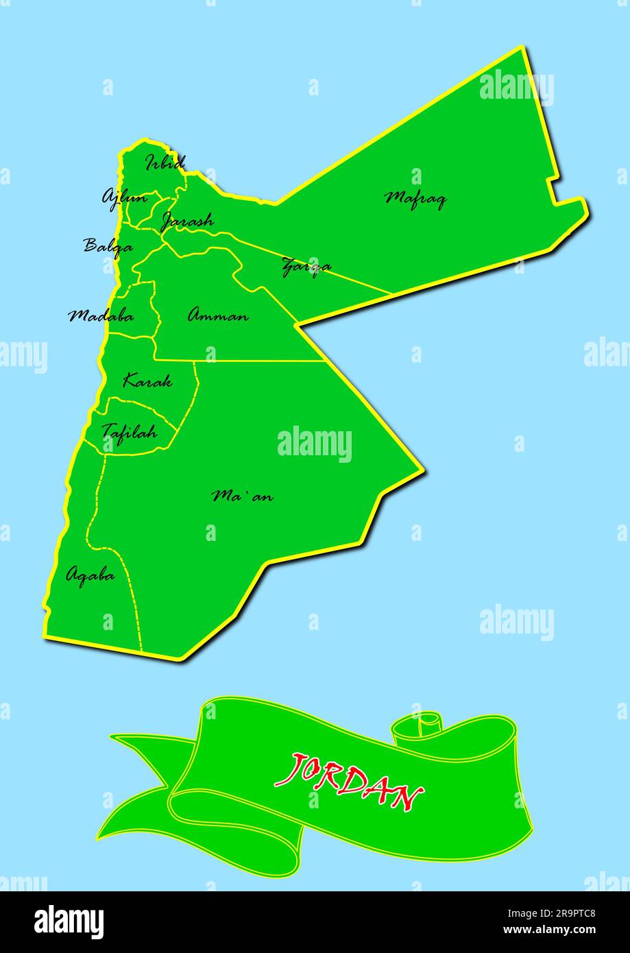 Map of Jordan with Subregions in Green Country Name in Red Stock Photo ...