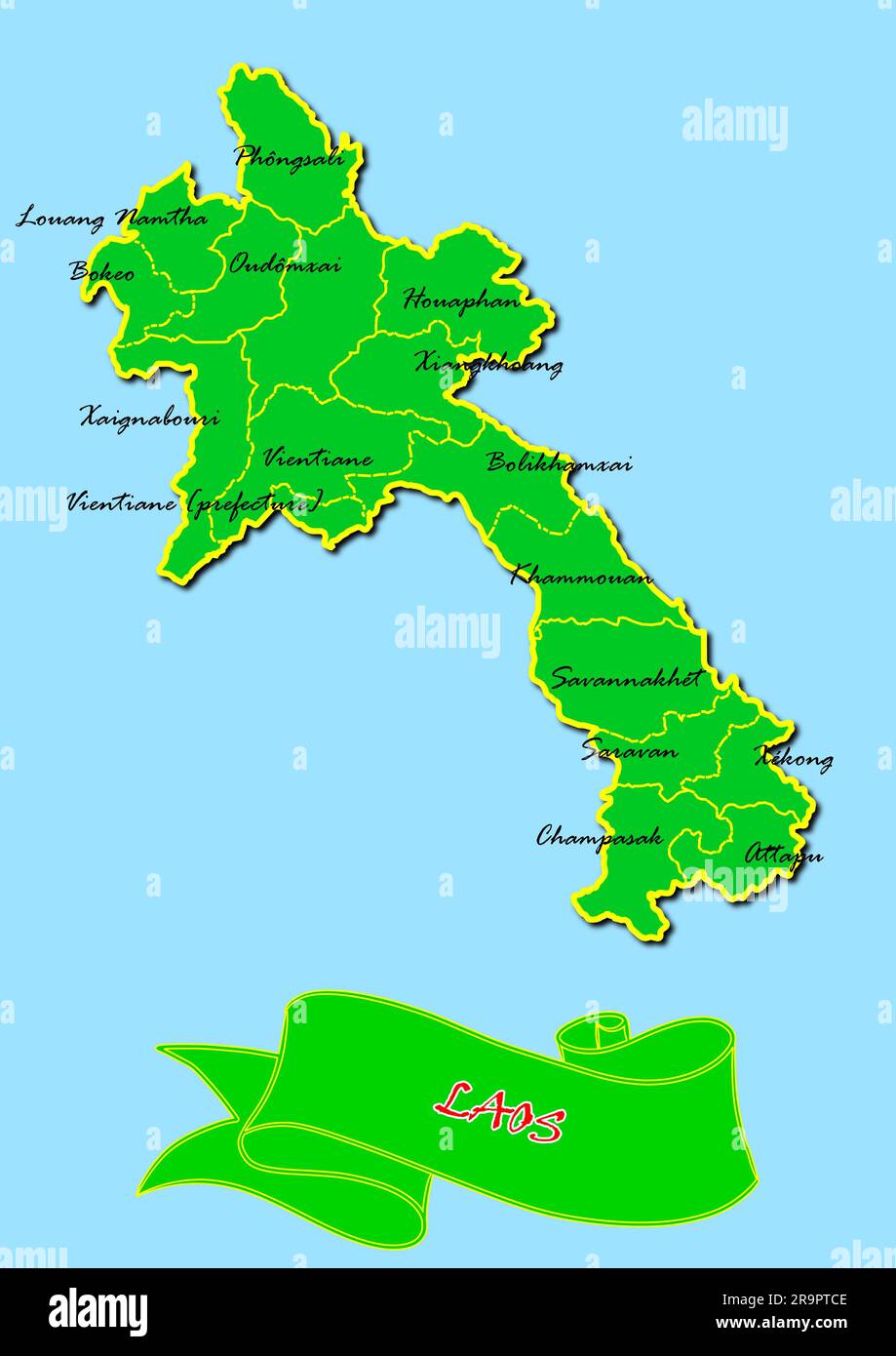 Map of Laos with Subregions in Green Country Name in Red Stock Photo ...