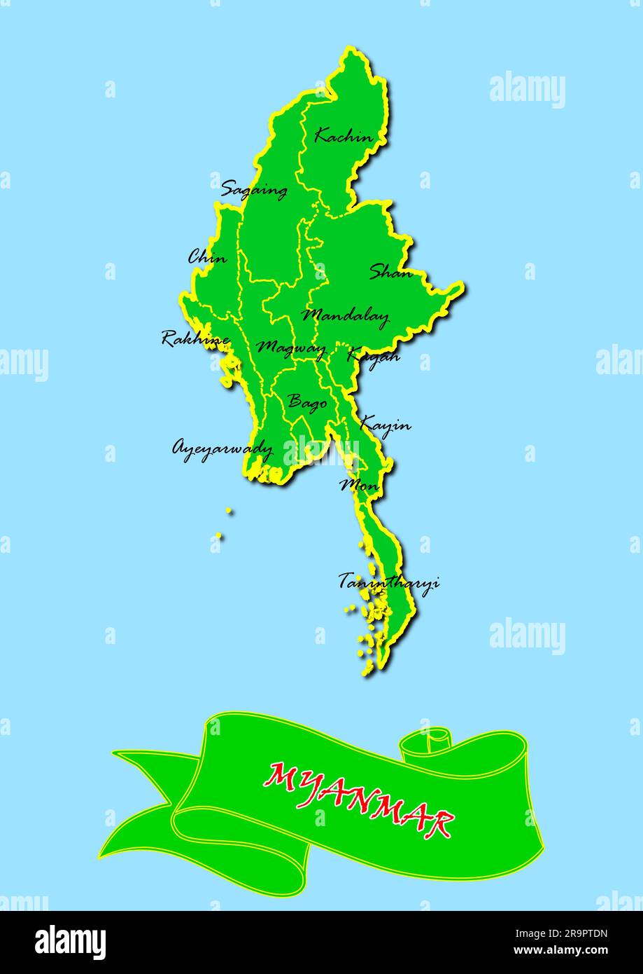 Map of Myanmar with Subregions in Green Country Name in Red Stock Photo ...