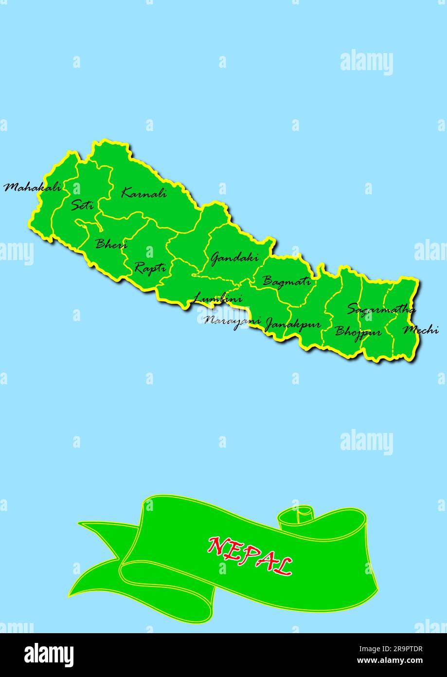 Map of Nepal with Subregions in Green Country Name in Red Stock Photo ...