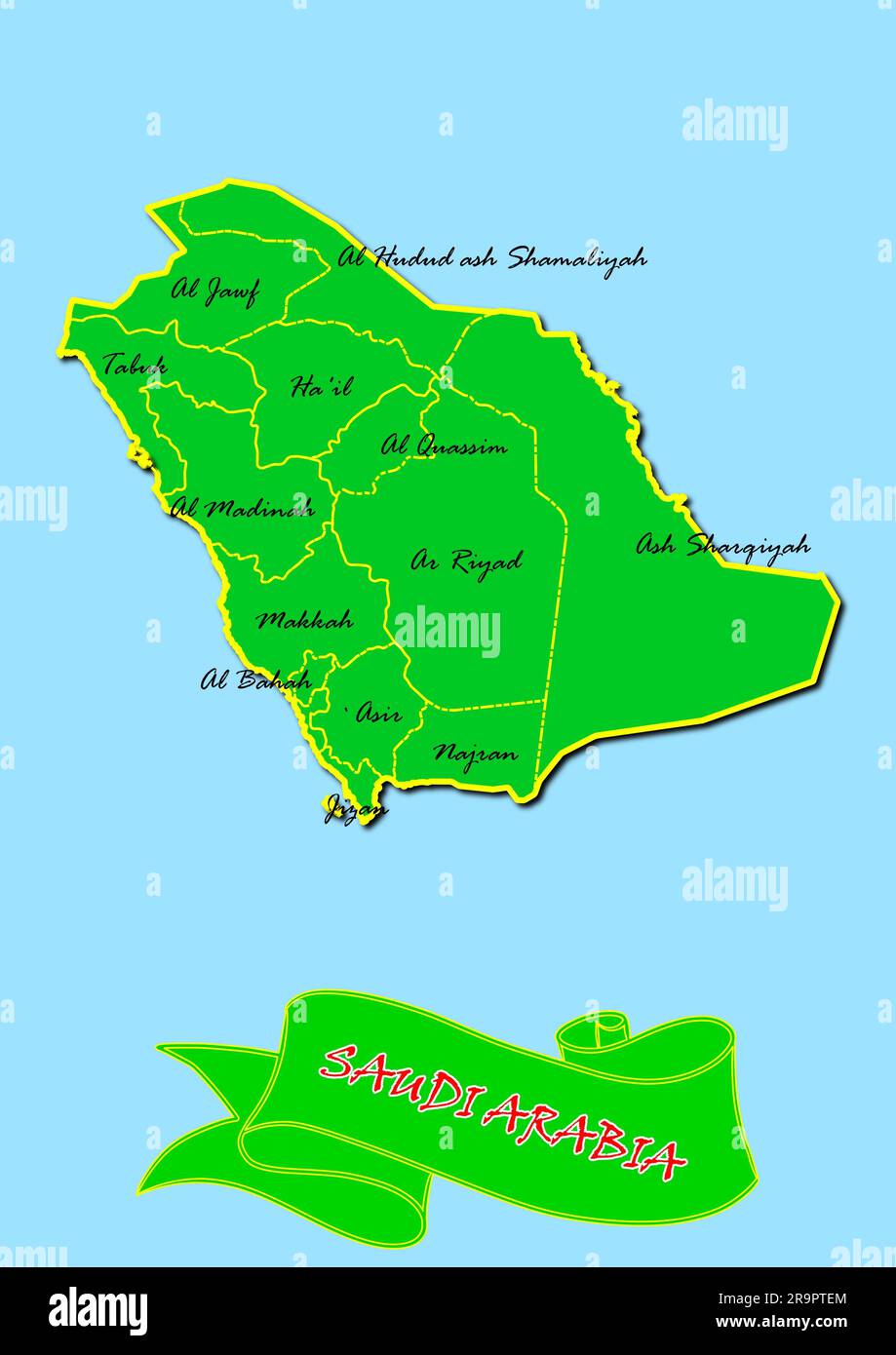 Map of Saudi Arabia with Subregions in Green Country Name in Red Stock ...
