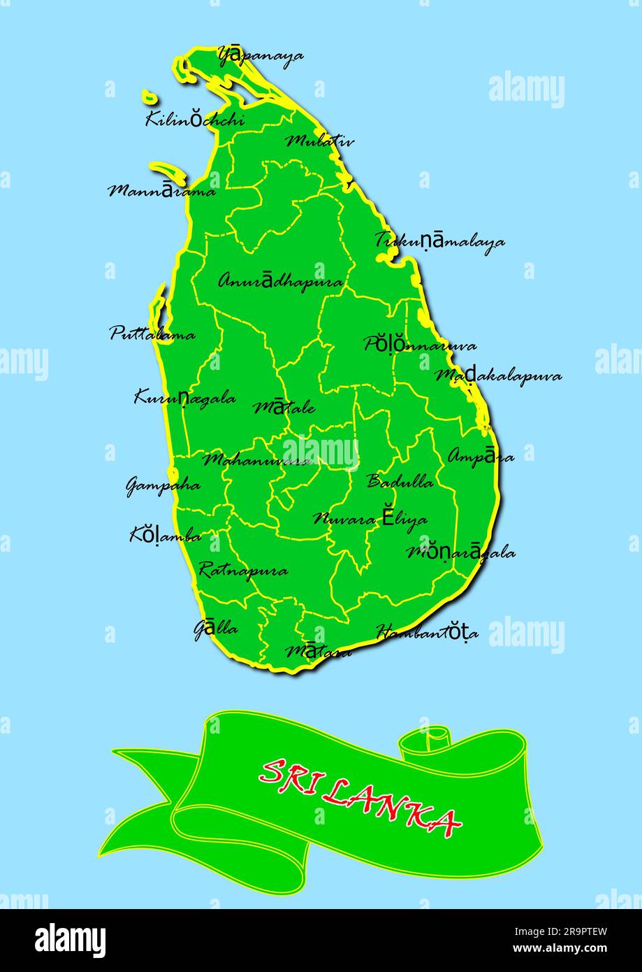 Map of Sri Lanka with Subregions in Green Country Name in Red Stock ...