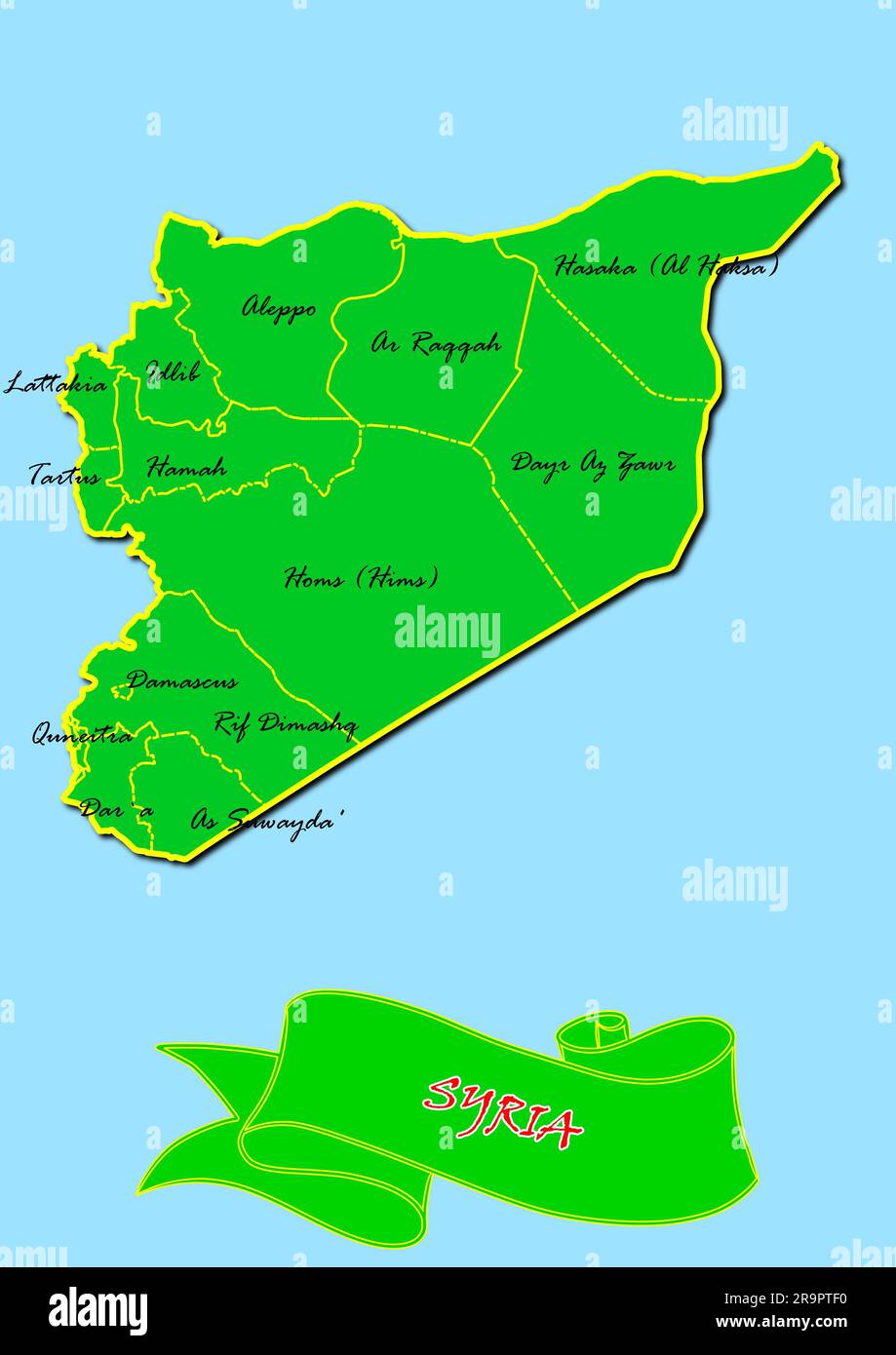 Map of Syria with Subregions in Green Country Name in Red Stock Photo ...