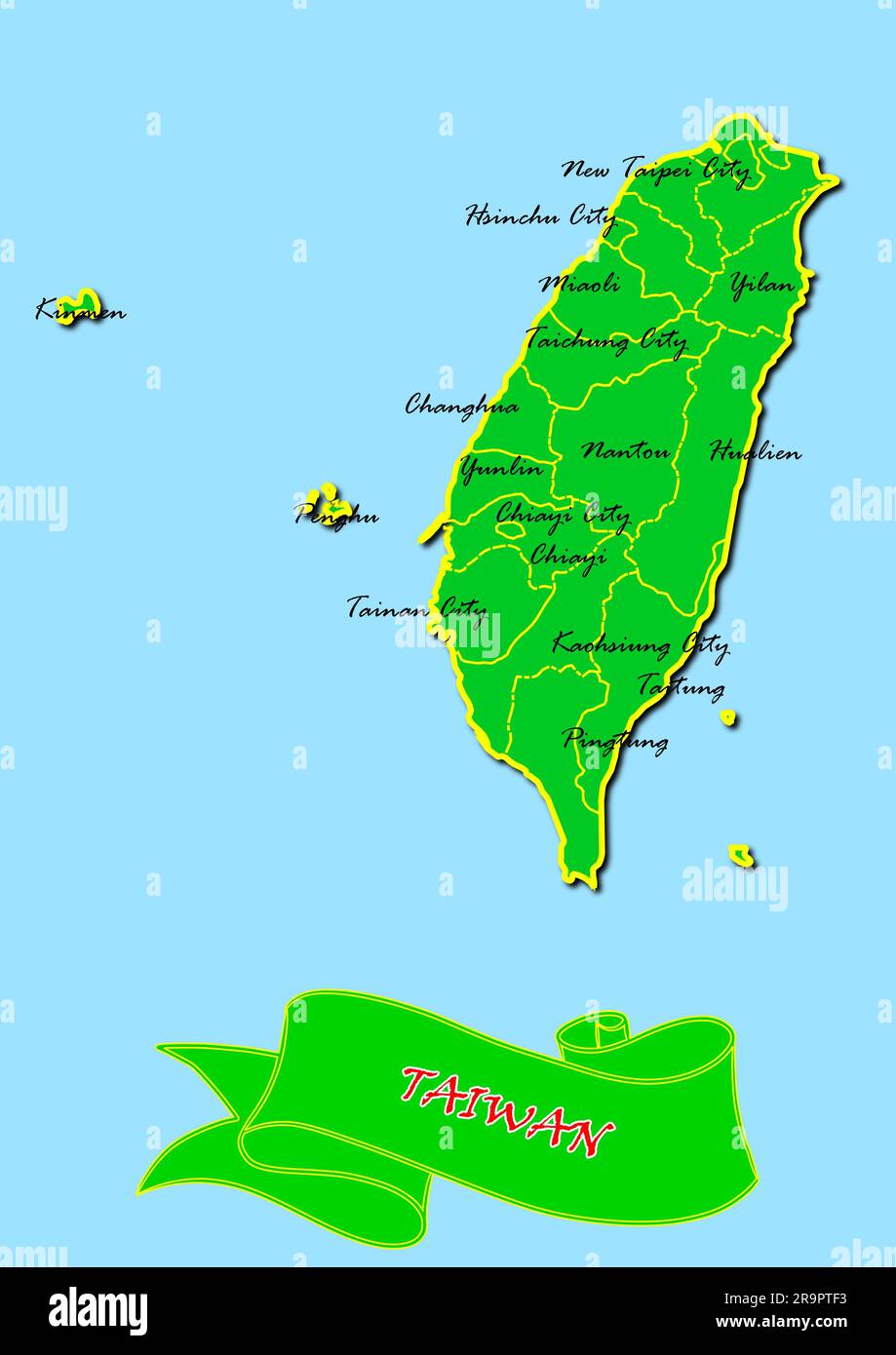 Map of Taiwan with Subregions in Green Country Name in Red Stock Photo ...