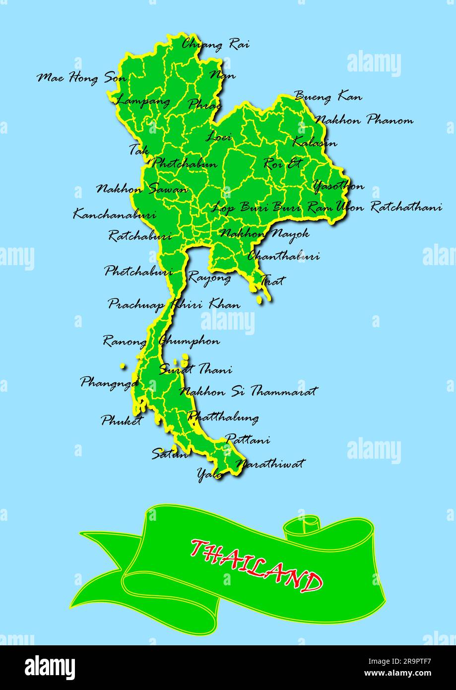 Map of Thailand with Subregions in Green Country Name in Red Stock ...