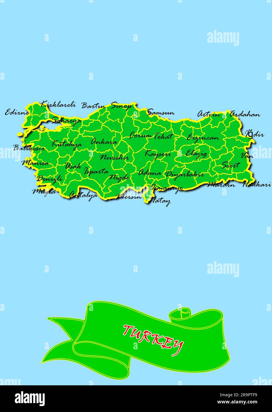 Map of Turkey with Subregions in Green Country Name in Red Stock Photo ...