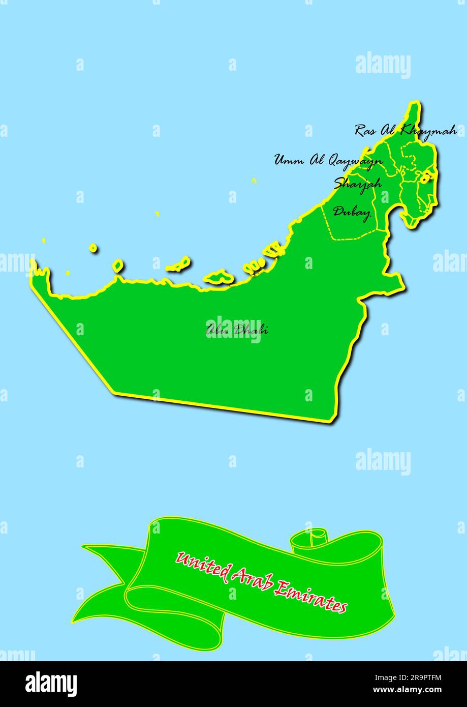 Map of United Arab Emirates with Subregions in Green Country Name in ...