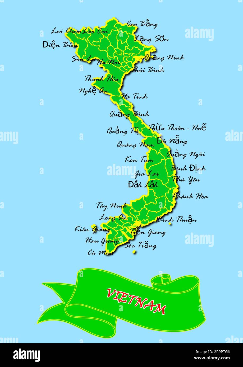 Map of Vietnam with Subregions in Green Country Name in Red Stock Photo ...