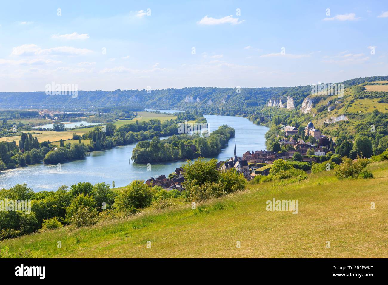 View over the River Seine and chalk cliffs at Les Andelys, a small town ...