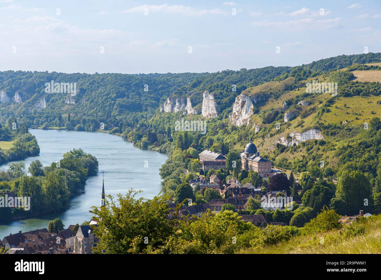 View over the River Seine and chalk cliffs at Les Andelys, a small town ...