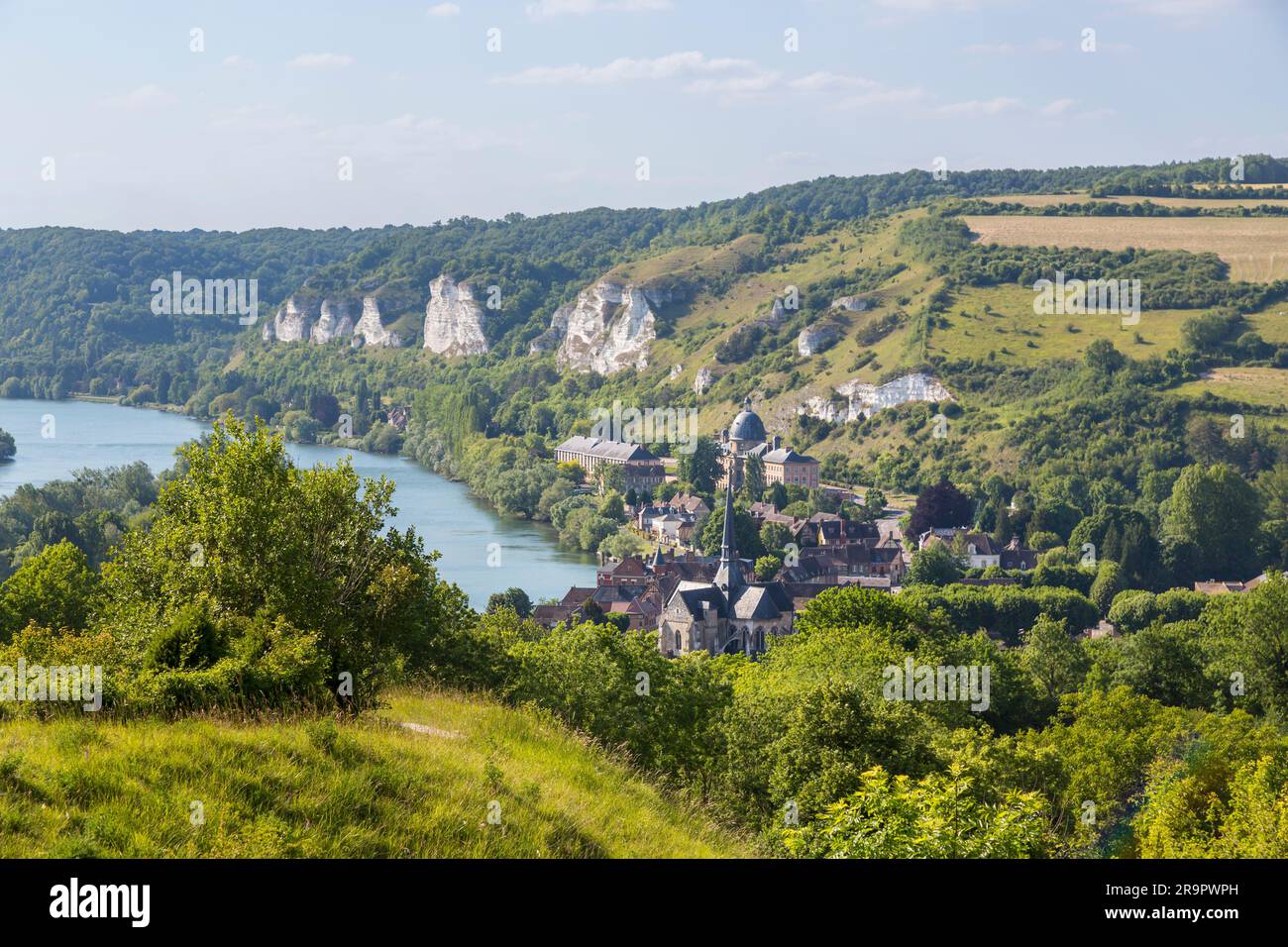 View over the River Seine and chalk cliffs at Les Andelys, a small town ...