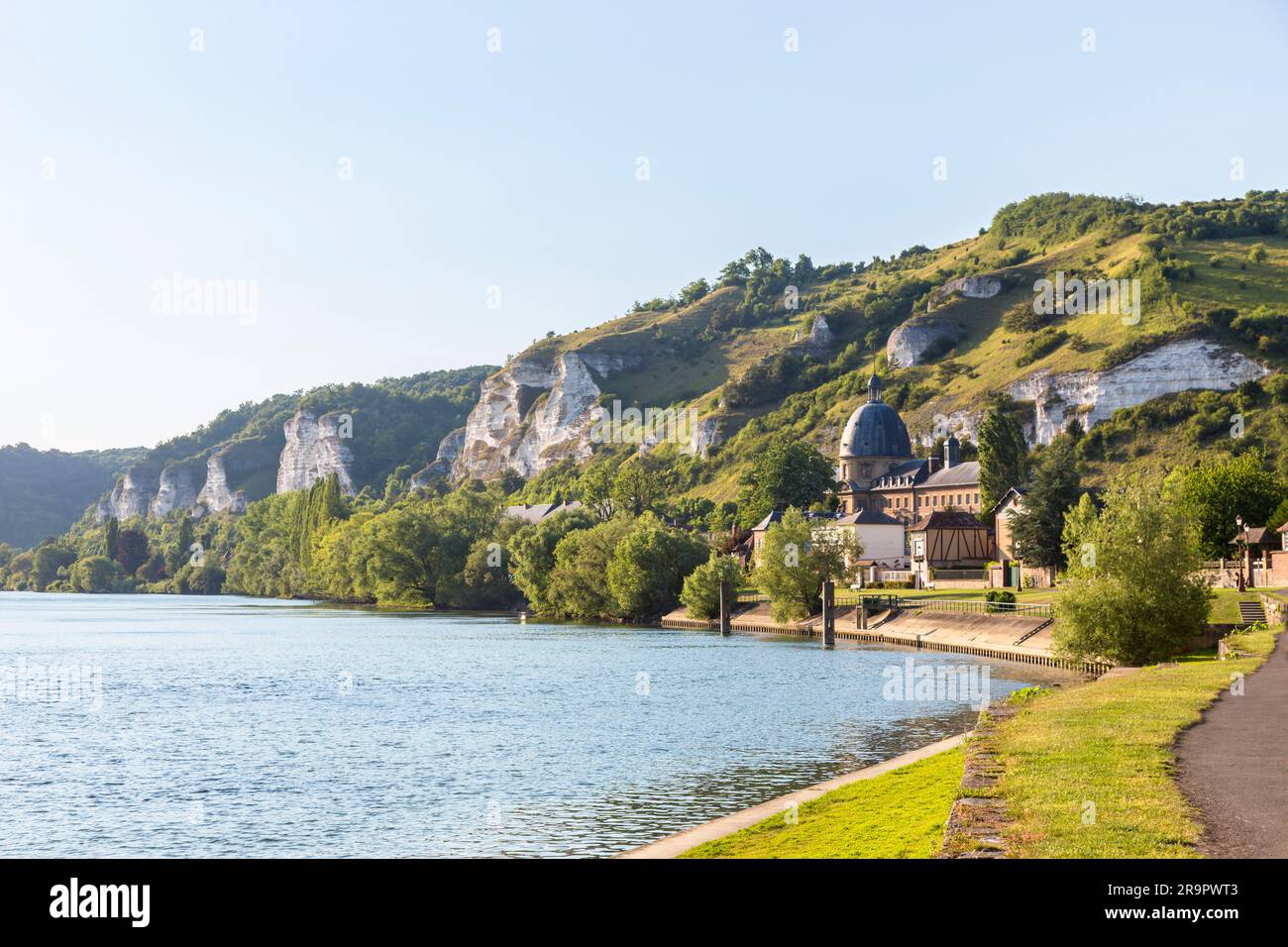 View of the River Seine and chalk cliffs at Les Andelys, a small town ...