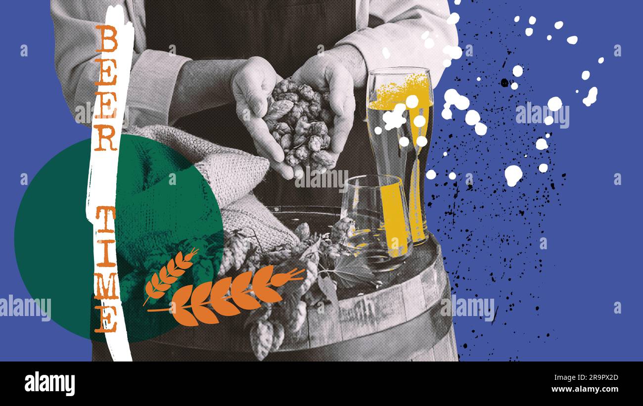 Brewery aesthetics. Male hands holding beer hops. Vintage style. Beer ...