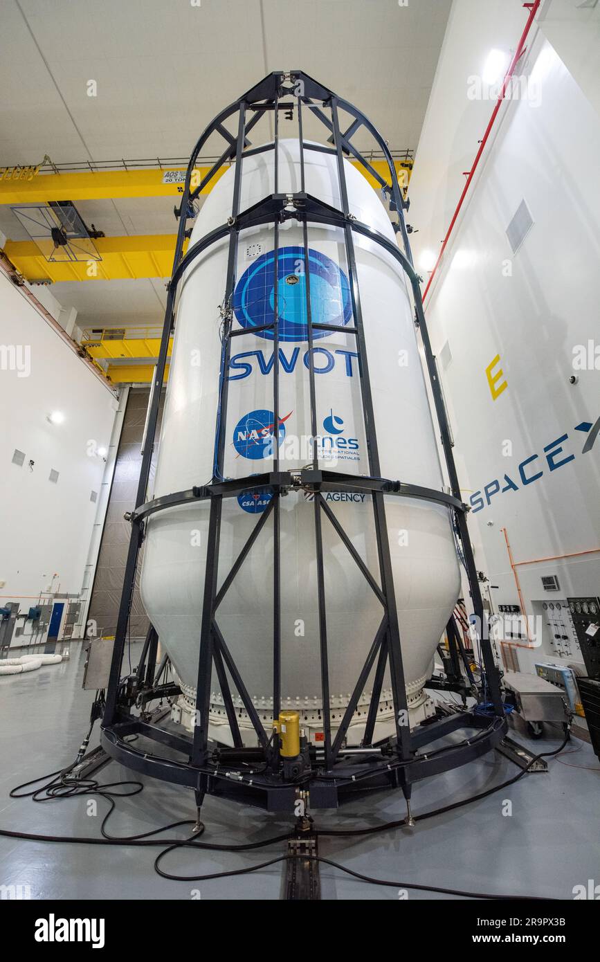 SWOT Fairing Decal with Fixtures in Place. Inside the SpaceX facility ...