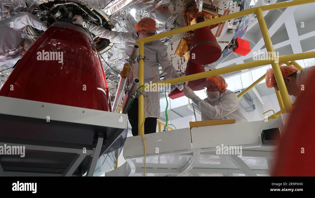 Artemis II European Service Module. Technicians at NASA’s Kennedy Space Center in Florida ...