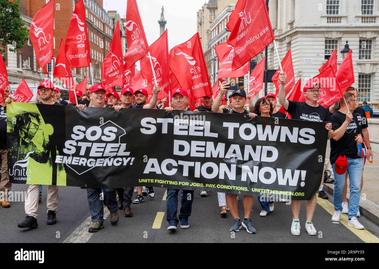 London, UK. 28th June, 2023. Steel workers from Unite and other unions ...