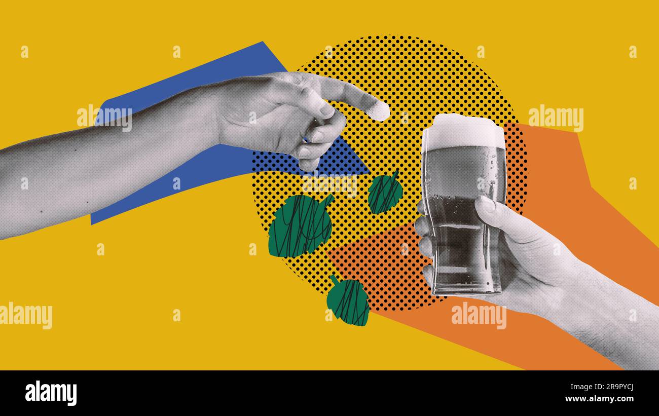 Glass of foamy beer and beer hops over yellow background. Beer festival ...