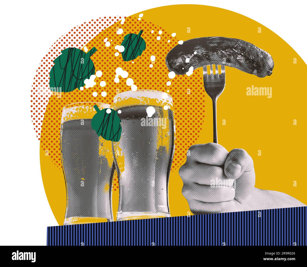Hop taste. Beer glasses and grilled sausage over yellow background. Hop ...
