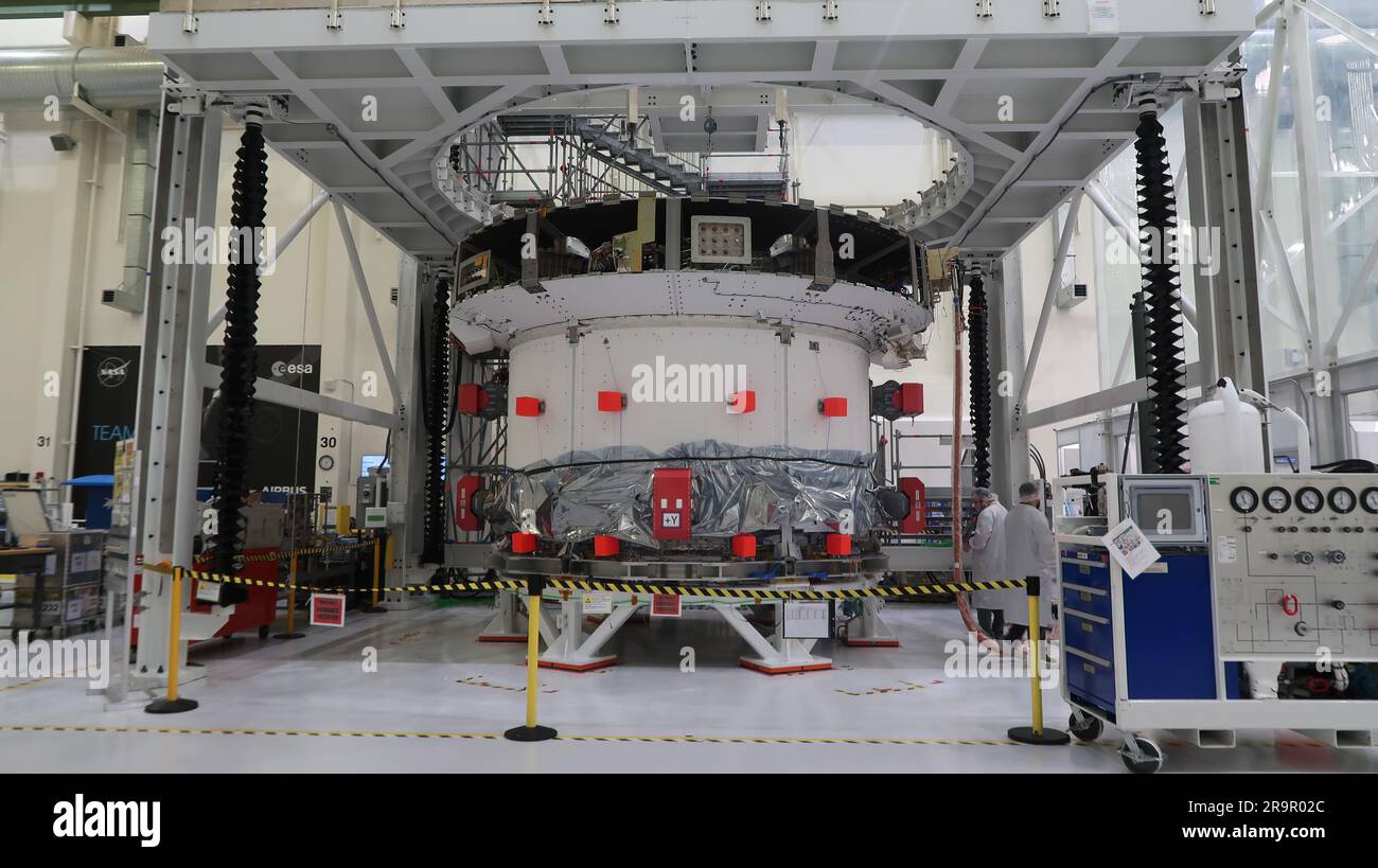 Artemis II European Service Module. Technicians at NASA’s Kennedy Space Center in Florida move ...