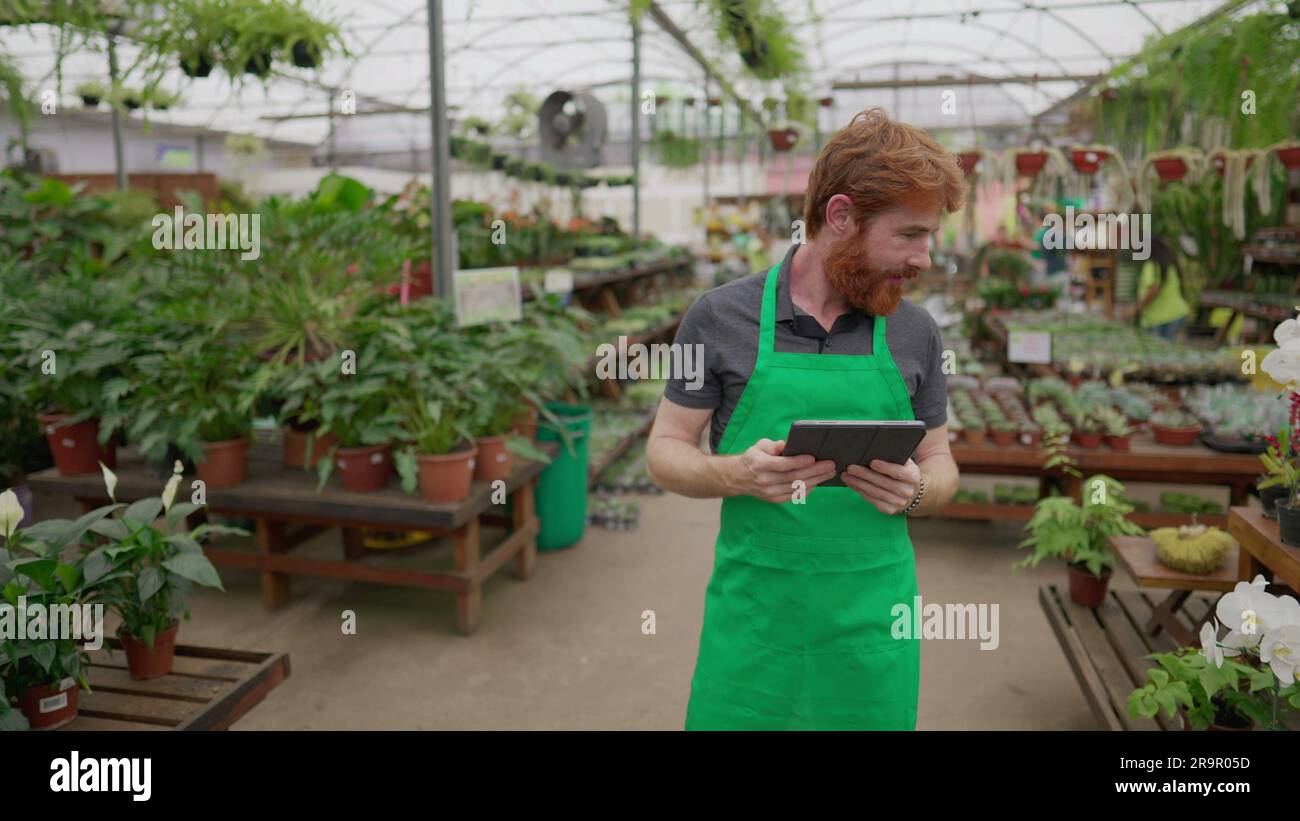 Mobile Male Employee Checking Inventory via Tablet in Flower Shop ...
