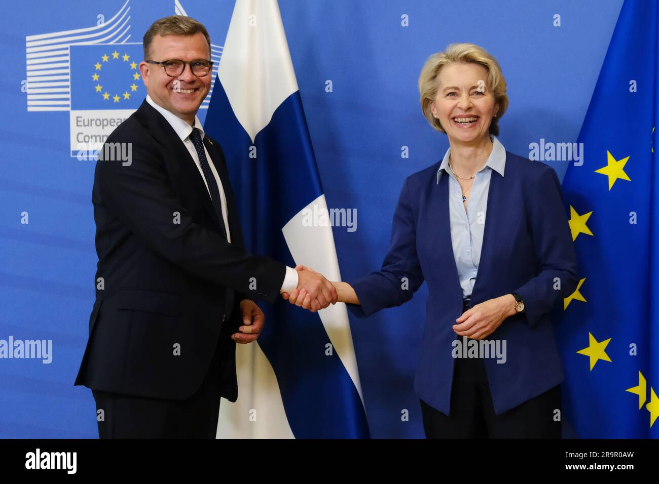 Brussels, Belgium. 28th June, 2023. European Commission President Ursula von der Leyen welcomes ...