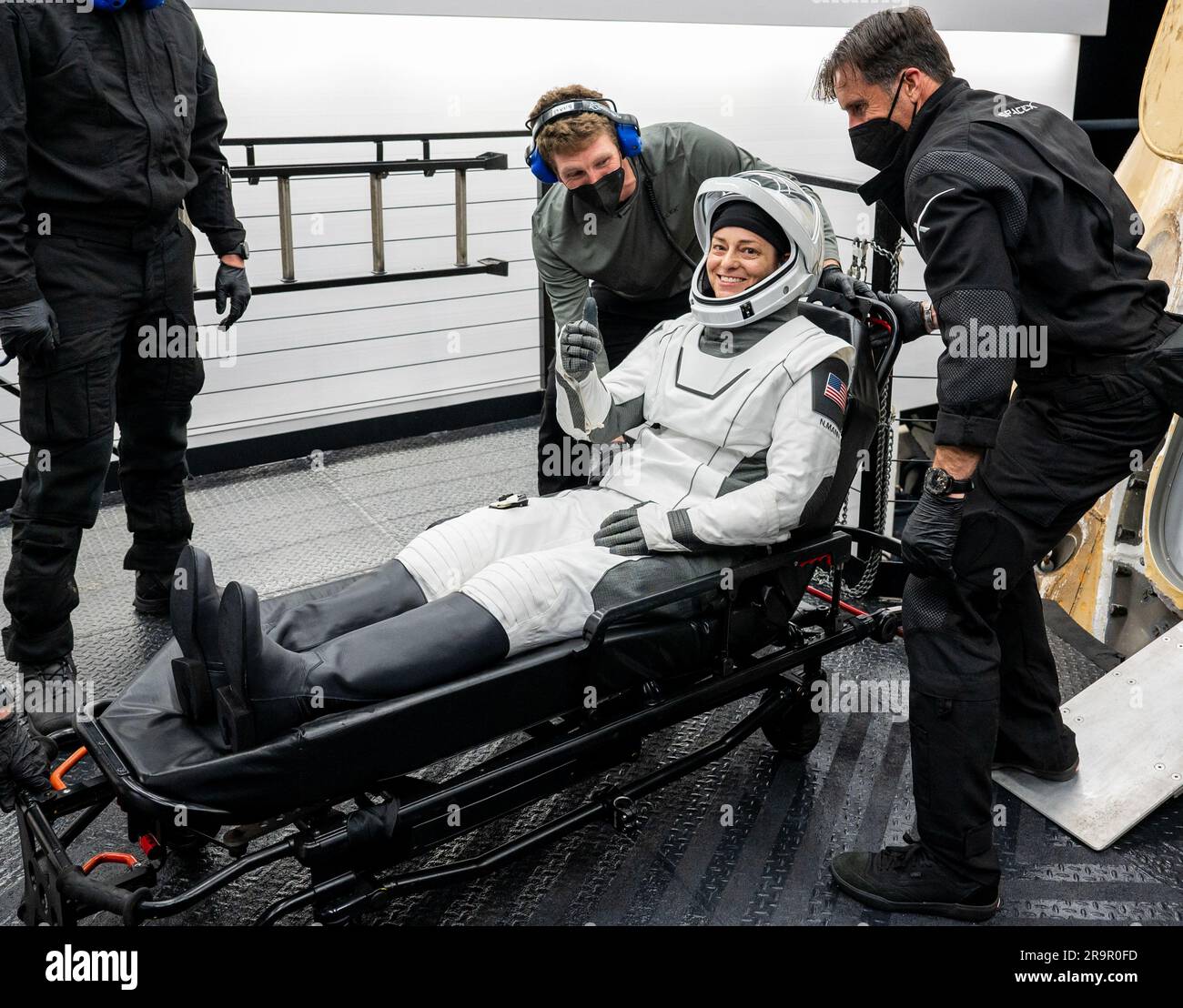 NASA’s SpaceX Crew-5 Splashdown. NASA Astronaut Nicole Mann gives a ...