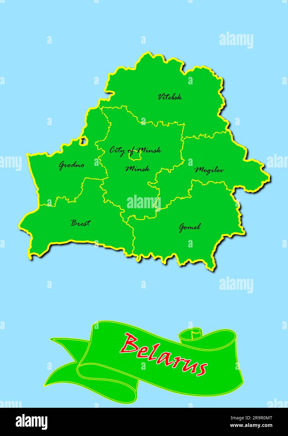 Map of Belarus with Subregions in Green Country Name in Red Stock Photo ...