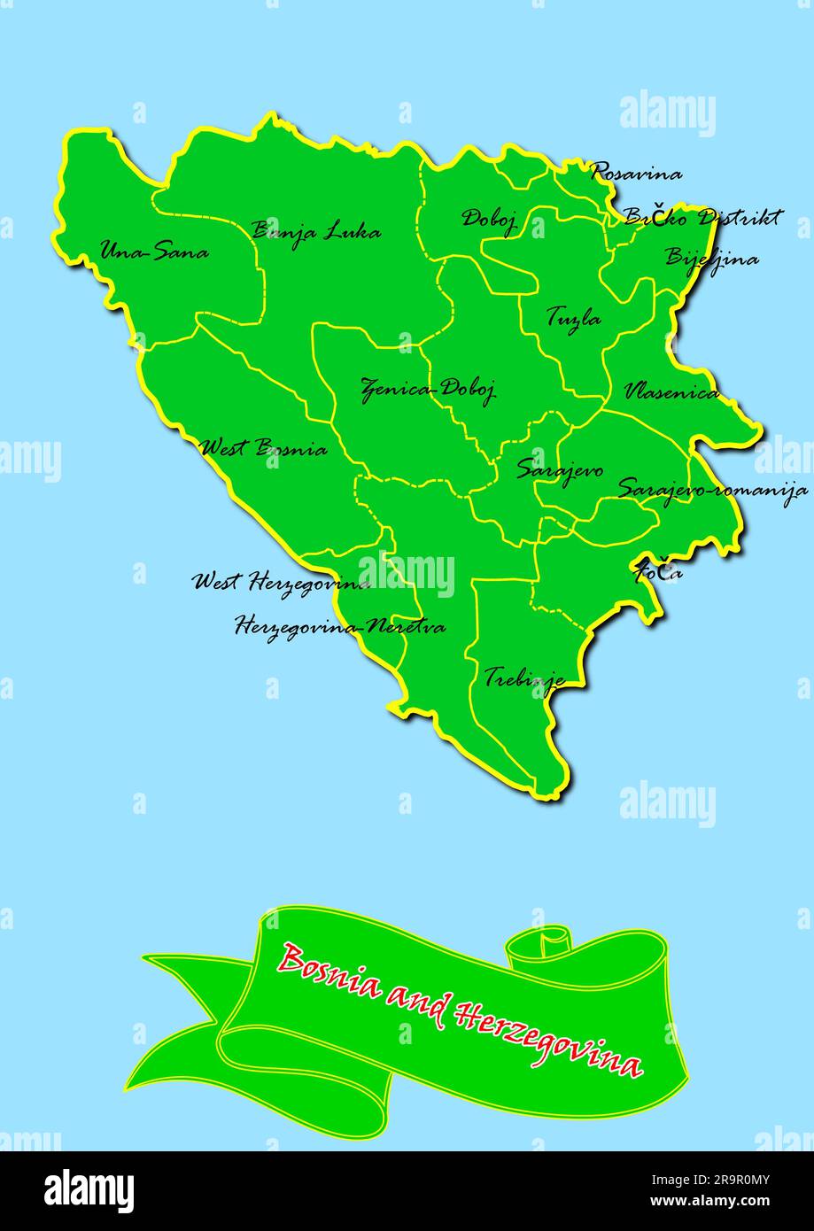Map of Bosnia and Herzegovina with Subregions in Green Country Name in ...