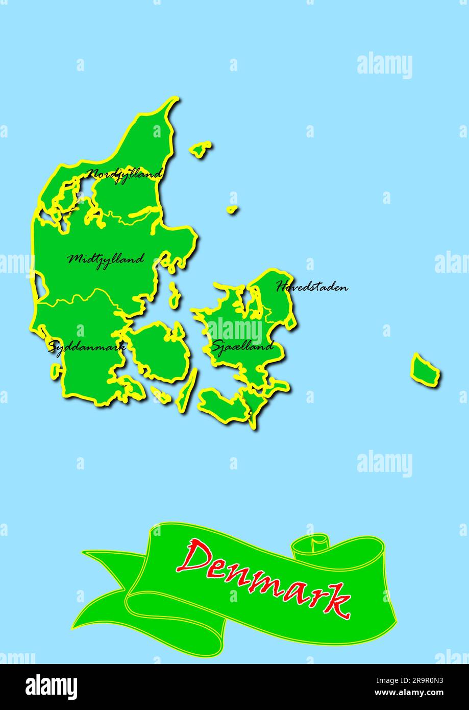 Map of Denmark with Subregions in Green Country Name in Red Stock Photo ...