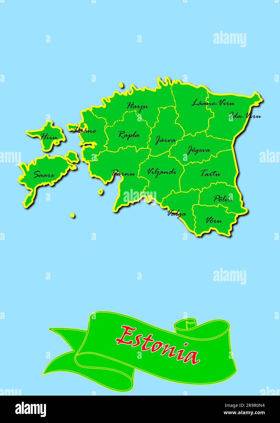 Map of Estonia with Subregions in Green Country Name in Red Stock Photo ...