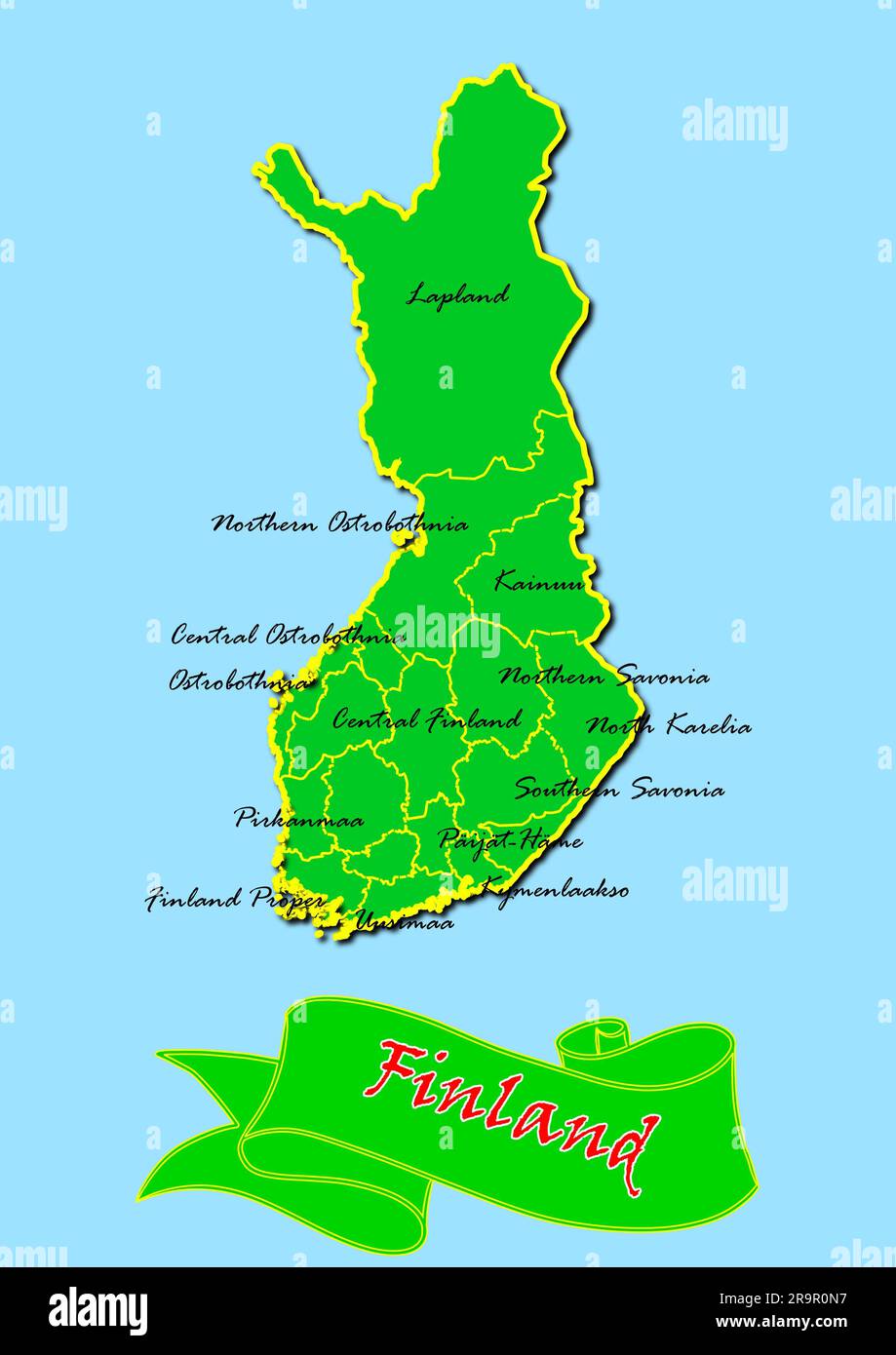 Map of Finland with Subregions in Green Country Name in Red Stock Photo ...