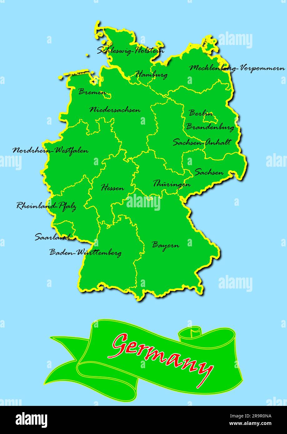 Map of Germany with Subregions in Green Country Name in Red Stock Photo ...