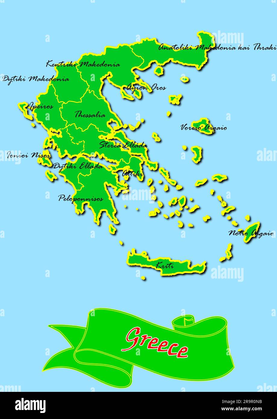 Map of Greece with Subregions in Green Country Name in Red Stock Photo ...