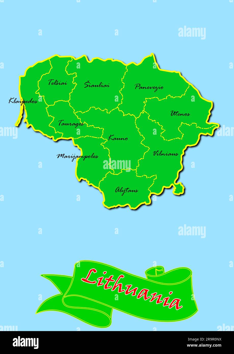 Map of Lithuania with Subregions in Green Country Name in Red Stock ...