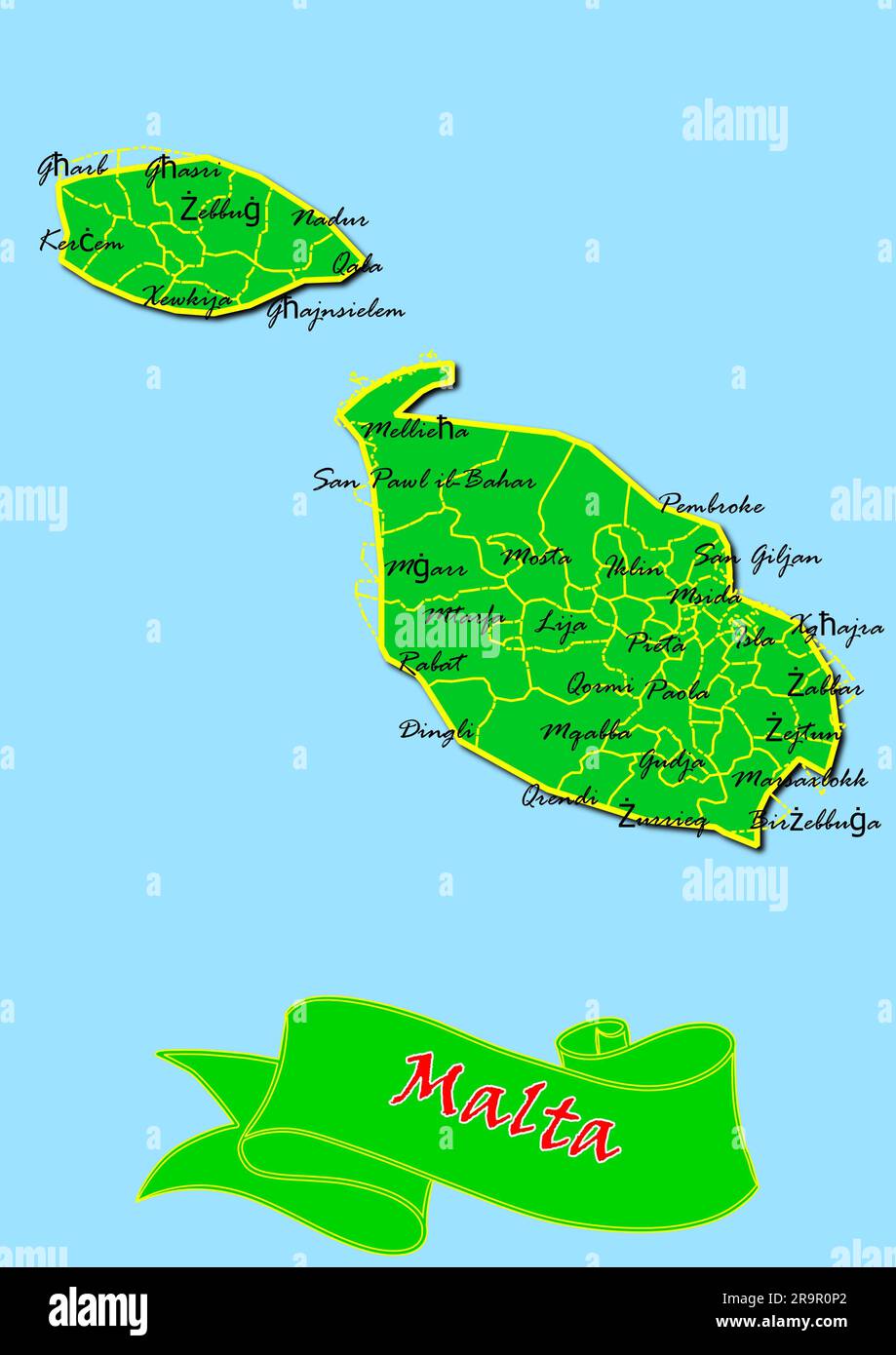 Map of Malta with Subregions in Green Country Name in Red Stock Photo ...