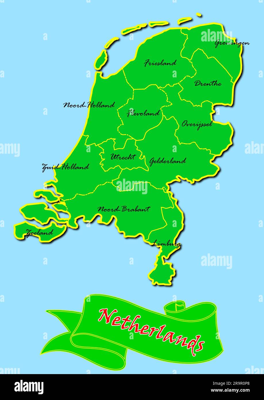 Map of Netherlands with Subregions in Green Country Name in Red Stock ...
