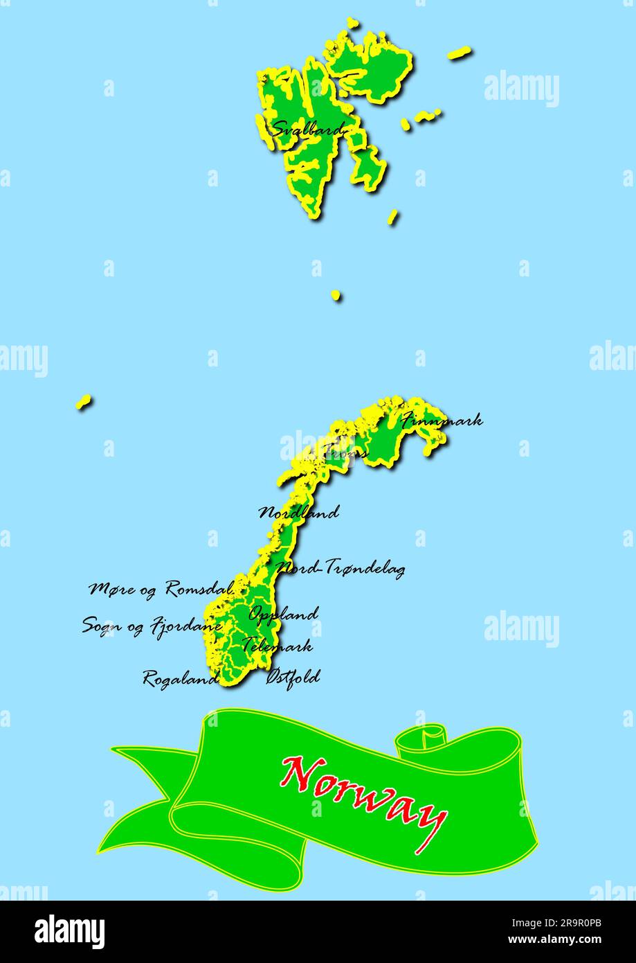 Map of Norway with Subregions in Green Country Name in Red Stock Photo ...