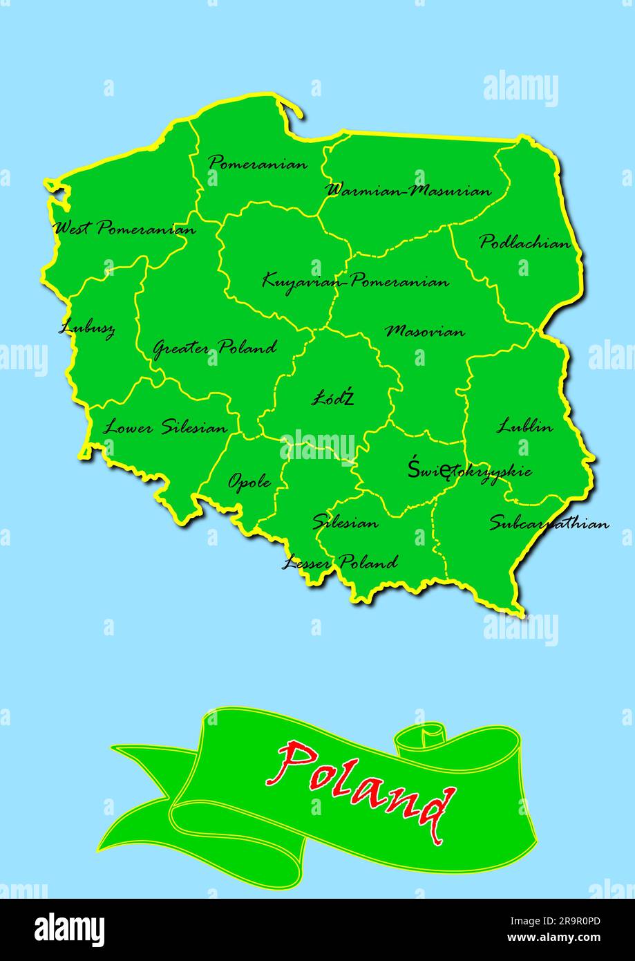 Map of Poland with Subregions in Green Country Name in Red Stock Photo ...