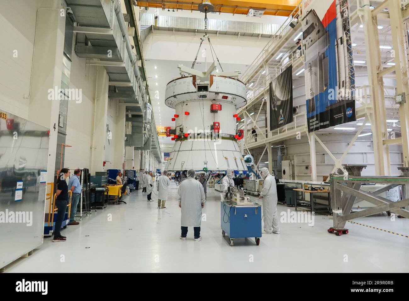 Artemis II SM Move to Fast Cell. A crane moves the European Service ...